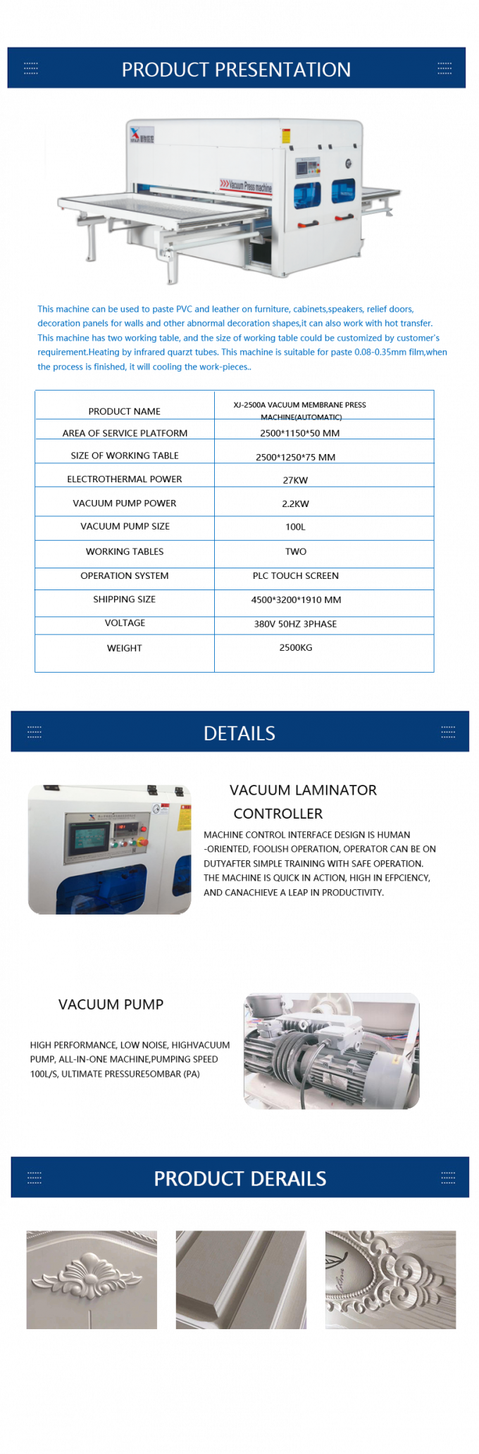 Negative Membrane Vacuum Press Machine 3 Phase 380V 50Hz